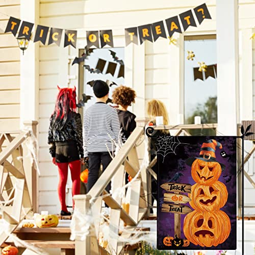 YOVOYOA Happy Halloween Trick or Treat Funny Garden Flag, Witch Hat Pumpkin Lantern Garden Flag, 12.5 x 18 Inch Small Double Sided Halloween Rustic Farmland Burlap Flag for Yard Lawn Outdoor Decor