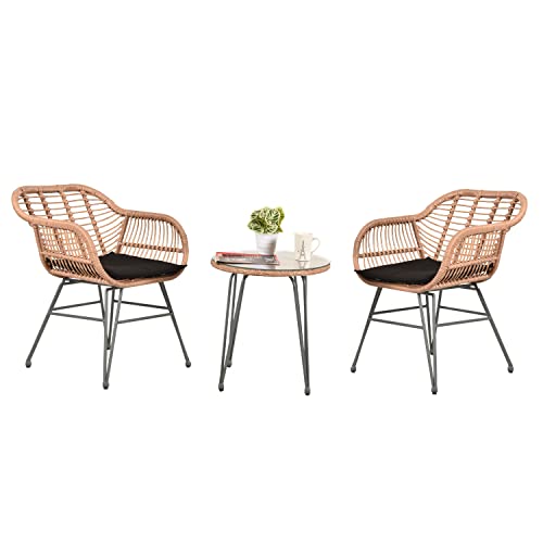 Leasbar 3 Piece Patio Conversation Bistro Set Porch Furniture Rattan Wicker Chairs，Outdoor Modern Garden Furniture Set for Porch Backyard Pool