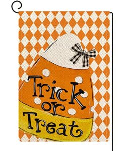 ortigia trick or treat garden flag vertical double sided 12x18inch halloween funny candy small garden flag buffalo check plaid seasonal flag farmhouse rustic holiday burlap yard décor