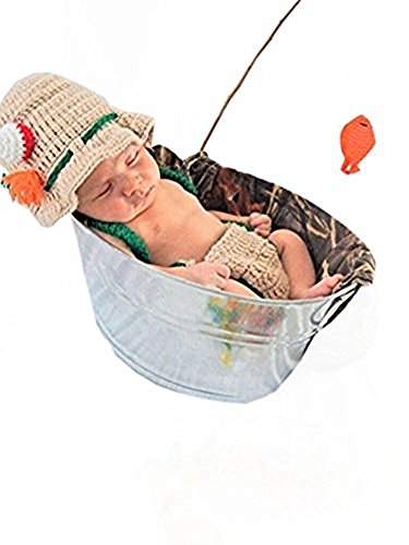 Pinbo Baby Photography Prop Crochet Fishing Fisherman & Fish Hat Diaper Shoes