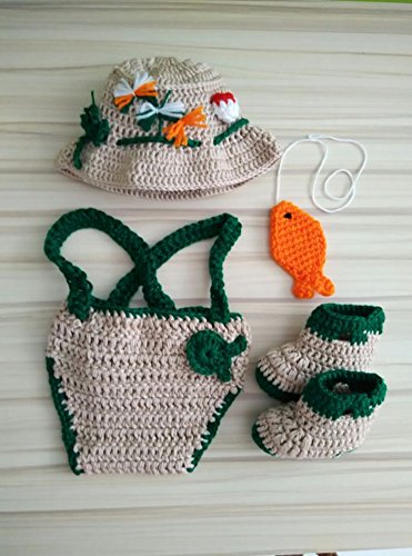 Pinbo Baby Photography Prop Crochet Fishing Fisherman & Fish Hat Diaper Shoes