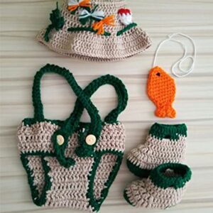 Pinbo Baby Photography Prop Crochet Fishing Fisherman & Fish Hat Diaper Shoes