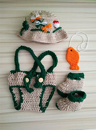 Pinbo Baby Photography Prop Crochet Fishing Fisherman & Fish Hat Diaper Shoes