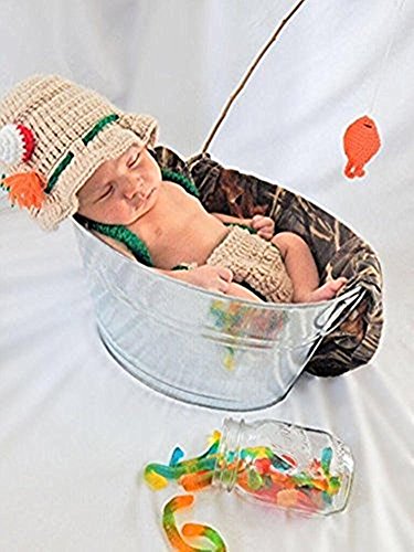 Pinbo Baby Photography Prop Crochet Fishing Fisherman & Fish Hat Diaper Shoes