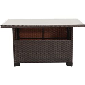 Outdoor PE Wicker Coffee Table - Patio Rattan Garden Furniture Multi-Functional Storage Tea Table with Glass Top, Dark Brown