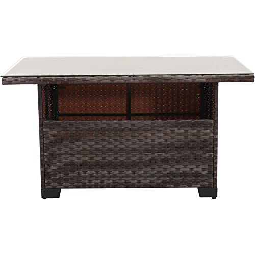 Outdoor PE Wicker Coffee Table - Patio Rattan Garden Furniture Multi-Functional Storage Tea Table with Glass Top, Dark Brown