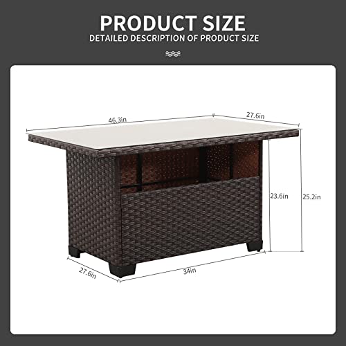 Outdoor PE Wicker Coffee Table - Patio Rattan Garden Furniture Multi-Functional Storage Tea Table with Glass Top, Dark Brown