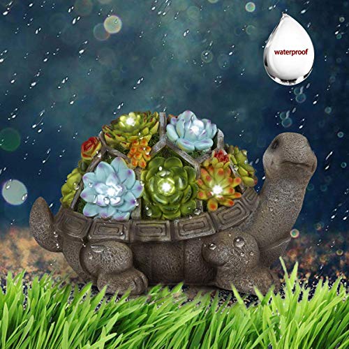 GIGALUMI 【Upgraded】 11.5 Inch Solar Garden Statues Turtle Figurine with Succulent and 7 LEDs - Outdoor Fall Winter Garden Decor Statue Large Tortoise Statues for Yard Lawn Outdoor Decoration Gifts