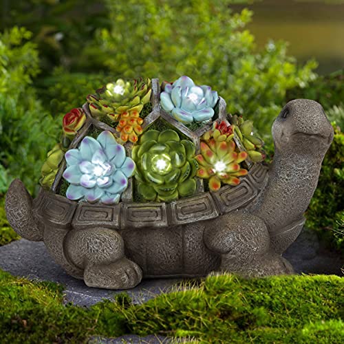 GIGALUMI 【Upgraded】 11.5 Inch Solar Garden Statues Turtle Figurine with Succulent and 7 LEDs - Outdoor Fall Winter Garden Decor Statue Large Tortoise Statues for Yard Lawn Outdoor Decoration Gifts