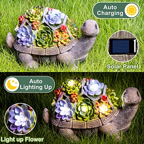 GIGALUMI 【Upgraded】 11.5 Inch Solar Garden Statues Turtle Figurine with Succulent and 7 LEDs - Outdoor Fall Winter Garden Decor Statue Large Tortoise Statues for Yard Lawn Outdoor Decoration Gifts