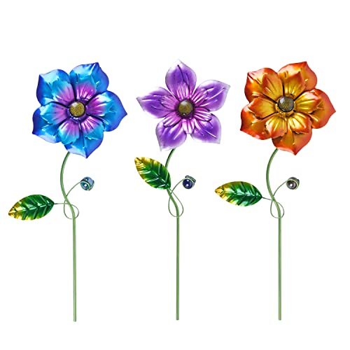 Topadorn Metal Flower Garden Stake Decor,Waterproof Metal Flower Stick for Outdoor Yard,Patio Decoration,Set of 3