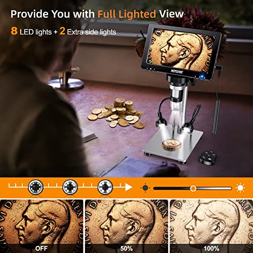 MOYSUWE MDM9 7" LCD Digital Microscope 1200X [Full Field of View] Extended Coin Microscope with 12MP Camera Sensor, 1080P HD USB Soldering Microscope with 10 LED Lights, Windows/Mac OS Compatible