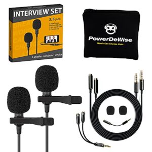 powerdewise professional grade 2 lavalier clip-on microphones set for dual interview – double lav lapel microphone – use for iphone phone camera – blogging video recording noise cancelling 3.5mm mic