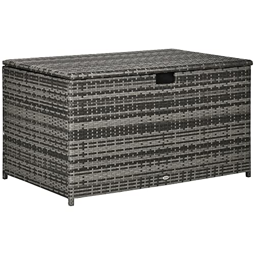 Outsunny Outdoor Deck Box, PE Rattan Wicker with Liner, Hydraulic Lift, and A Handle for Indoor, Outdoor, Patio Furniture Cushions, Pool, Toys, Garden Tools, Gray