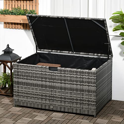 Outsunny Outdoor Deck Box, PE Rattan Wicker with Liner, Hydraulic Lift, and A Handle for Indoor, Outdoor, Patio Furniture Cushions, Pool, Toys, Garden Tools, Gray