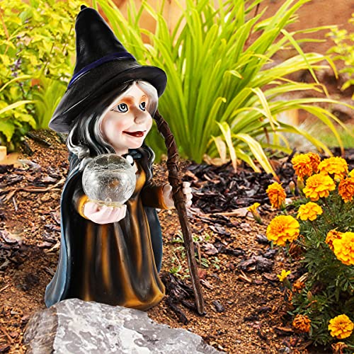 EXQUAILTY Outdoor Witches Statue Halloween Decor, Witch Hand Hold Solar LED Ball and Magic Wand Solar Light Garden Sculptures, Lawn Yard Art Decoration