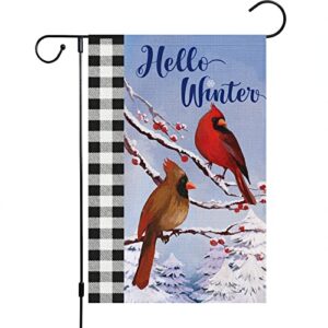 hello winter garden flag 12×18 double sided, burlap farmhouse buffalo plaid small cardinal snow garden yard flags for winter seasonal outside outdoor house holiday decor (only flag)