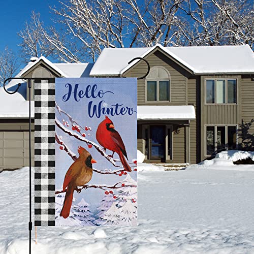 Hello Winter Garden Flag 12x18 Double Sided, Burlap Farmhouse Buffalo Plaid Small Cardinal Snow Garden Yard Flags for Winter Seasonal Outside Outdoor House Holiday Decor (ONLY FLAG)