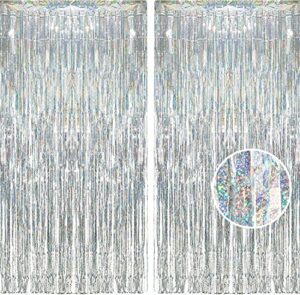 braveshine silver glitter tinsel foil fringe curtains – 2pcs 3.2×8.2ft photo backdrop for birthday valentine wedding christmas frozen bridal bachelorette anniversary engagement disco party decorations