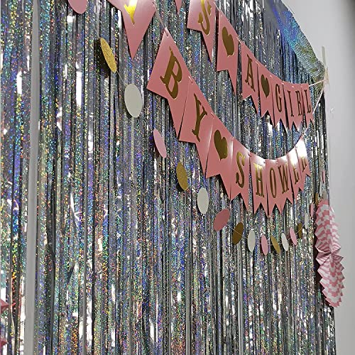 BRAVESHINE Silver Glitter Tinsel Foil Fringe Curtains - 2Pcs 3.2x8.2ft Photo Backdrop for Birthday Valentine Wedding Christmas Frozen Bridal Bachelorette Anniversary Engagement Disco Party Decorations