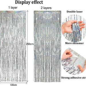 BRAVESHINE Silver Glitter Tinsel Foil Fringe Curtains - 2Pcs 3.2x8.2ft Photo Backdrop for Birthday Valentine Wedding Christmas Frozen Bridal Bachelorette Anniversary Engagement Disco Party Decorations