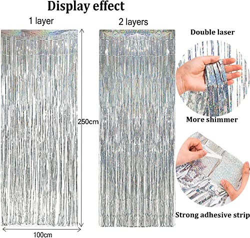 BRAVESHINE Silver Glitter Tinsel Foil Fringe Curtains - 2Pcs 3.2x8.2ft Photo Backdrop for Birthday Valentine Wedding Christmas Frozen Bridal Bachelorette Anniversary Engagement Disco Party Decorations