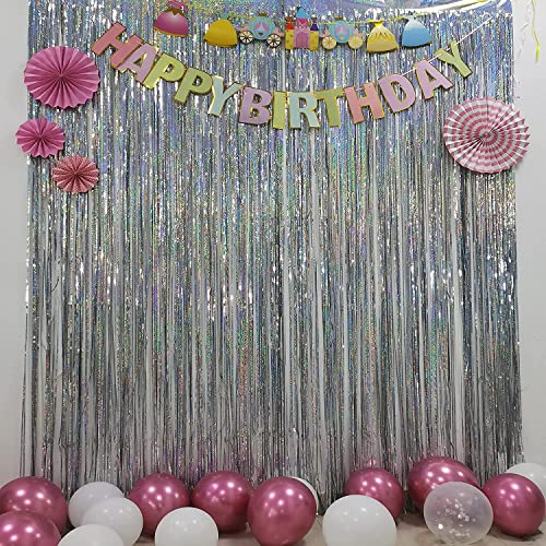 BRAVESHINE Silver Glitter Tinsel Foil Fringe Curtains - 2Pcs 3.2x8.2ft Photo Backdrop for Birthday Valentine Wedding Christmas Frozen Bridal Bachelorette Anniversary Engagement Disco Party Decorations