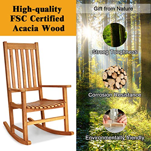 LDAILY Moccha Outdoor Rocking Chair, Acacia Wood Frame, Porch Rocker for Garden, Lawn, Balcony, Backyard and Patio (Natural)