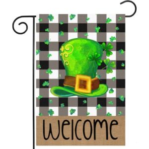 surfapans welcome st patricks day garden flag 12×18 inch double sided outside burlap buffalo check plaid green hat shamrock clover small outdoor yard flags porch home farmhouse decoration