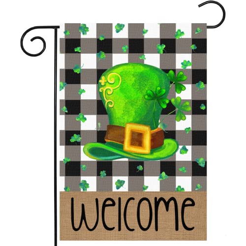 Surfapans Welcome St Patricks Day Garden Flag 12x18 Inch Double Sided Outside Burlap Buffalo Check Plaid Green Hat Shamrock Clover Small Outdoor Yard Flags Porch Home Farmhouse Decoration