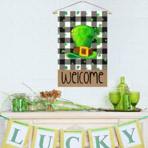 Surfapans Welcome St Patricks Day Garden Flag 12x18 Inch Double Sided Outside Burlap Buffalo Check Plaid Green Hat Shamrock Clover Small Outdoor Yard Flags Porch Home Farmhouse Decoration