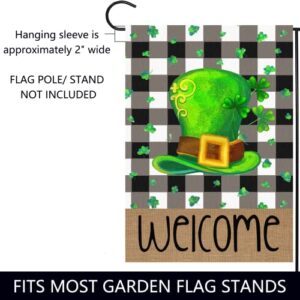 Surfapans Welcome St Patricks Day Garden Flag 12x18 Inch Double Sided Outside Burlap Buffalo Check Plaid Green Hat Shamrock Clover Small Outdoor Yard Flags Porch Home Farmhouse Decoration