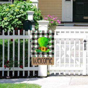 Surfapans Welcome St Patricks Day Garden Flag 12x18 Inch Double Sided Outside Burlap Buffalo Check Plaid Green Hat Shamrock Clover Small Outdoor Yard Flags Porch Home Farmhouse Decoration