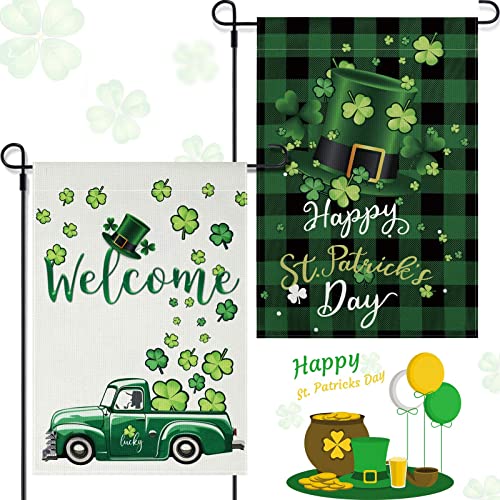 2 Pieces St. Patrick's Day Garden Flag Shamrocks Burlap Yard Flag Welcome Green Hat Truck Decorative Flag Double Sided Holiday Garden Flags for St. Patrick's Day Outdoor Decoration, 12.5 x 18.5 Inches