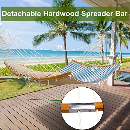 Double Hammock Swing Quilted Fabric, Ohuhu 2 Person 11 FT Portable Hammocks with Folding Bamboo Spreader Bar & Pillow, Large Hammock Bed for Indoor Outdoor, Tree Hammock for Yard Porch Garden Balcony