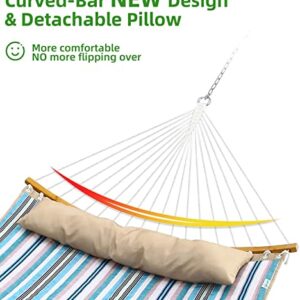 Double Hammock Swing Quilted Fabric, Ohuhu 2 Person 11 FT Portable Hammocks with Folding Bamboo Spreader Bar & Pillow, Large Hammock Bed for Indoor Outdoor, Tree Hammock for Yard Porch Garden Balcony