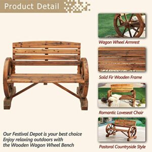 Sports Festival 2-Person Wagon Wheel Wood Bench Outdoor Patio Loveseat with Wheel Armrest and Slatted Seat Rustic Log Furniture Handled with Burnt Finish for Porch Garden Backyard