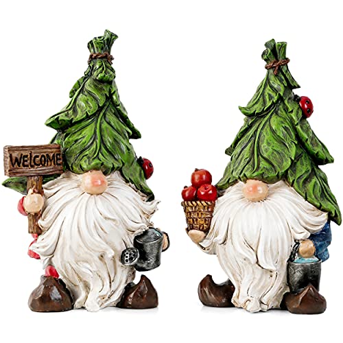 TERESA'S COLLECTIONS Garden Gnomes Statues Decorations for Yard, Set of 2 Cute Gnomes Holding Welcome Sign Garden Sculptures Figurines for Outdoor Patio Lawn Ornament Birthday Housewarming Gift