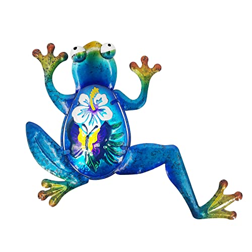 John's Studio Frog Wall Decor Outdoor Metal Garden Hanging Art Glass Sculptures Home Theme Decorations for Living Room, Bedroom Yard, Fence and Patio - 14 Inch Blue