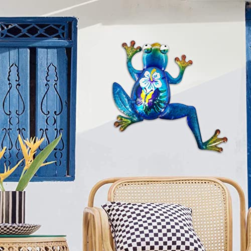 John's Studio Frog Wall Decor Outdoor Metal Garden Hanging Art Glass Sculptures Home Theme Decorations for Living Room, Bedroom Yard, Fence and Patio - 14 Inch Blue