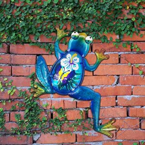 John's Studio Frog Wall Decor Outdoor Metal Garden Hanging Art Glass Sculptures Home Theme Decorations for Living Room, Bedroom Yard, Fence and Patio - 14 Inch Blue