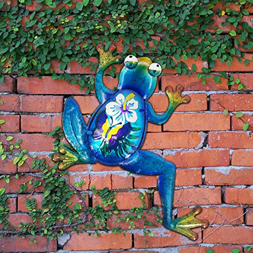 John's Studio Frog Wall Decor Outdoor Metal Garden Hanging Art Glass Sculptures Home Theme Decorations for Living Room, Bedroom Yard, Fence and Patio - 14 Inch Blue