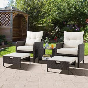 Vongrasig 5 Piece Wicker Patio Furniture Set, All Weather PE Wicker Rattan Outdoor Chair and Ottoman Set, Small Cushioned Patio Chairs with Ottoman Underneath for Lawn Garden Backyard (Beige)