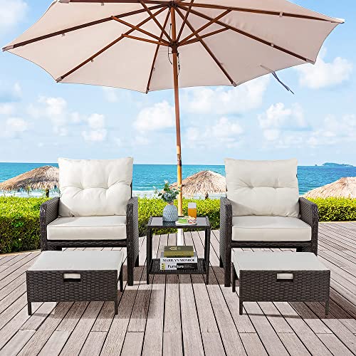 Vongrasig 5 Piece Wicker Patio Furniture Set, All Weather PE Wicker Rattan Outdoor Chair and Ottoman Set, Small Cushioned Patio Chairs with Ottoman Underneath for Lawn Garden Backyard (Beige)