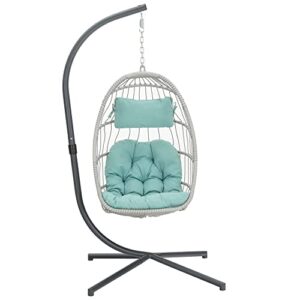 egg swing chair with stand, patio wicker rattan hanging chair swing hammock egg chairs with uv resistant cushion for indoor bedroom outdoor garden backyard