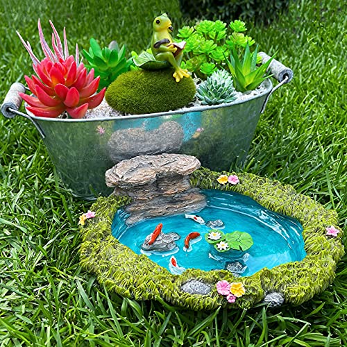 Mood Lab Fairy Garden - Miniature Fish Pond & Frog Figurine Kit - 2 pcs Set of Garden Accessories - Outdoor or House Decor