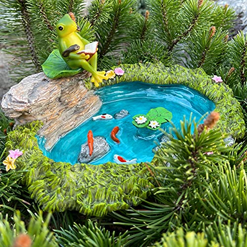 Mood Lab Fairy Garden - Miniature Fish Pond & Frog Figurine Kit - 2 pcs Set of Garden Accessories - Outdoor or House Decor