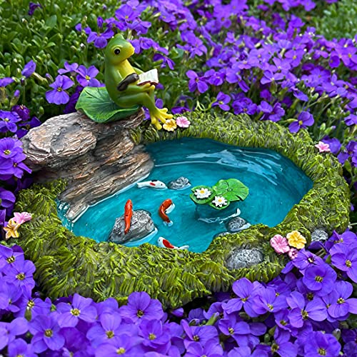 Mood Lab Fairy Garden - Miniature Fish Pond & Frog Figurine Kit - 2 pcs Set of Garden Accessories - Outdoor or House Decor