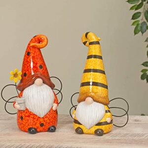 Set of 2 Garden Gnomes 10.5 Inches High, Ladybug and Bee Terracotta Garden Gnome Sculptures with Metal Wings