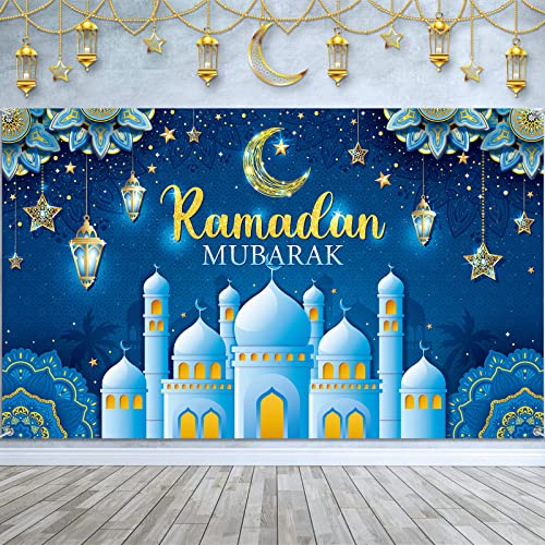 Ramadan Mubarak Decorations Backdrop Banner Muslim Ramadan Kareem Background Eid Mubarak Sign Photo Booth Backdrop Background for Home Muslim Ramadan Eid Al Fitr Party Supplies (Blue)